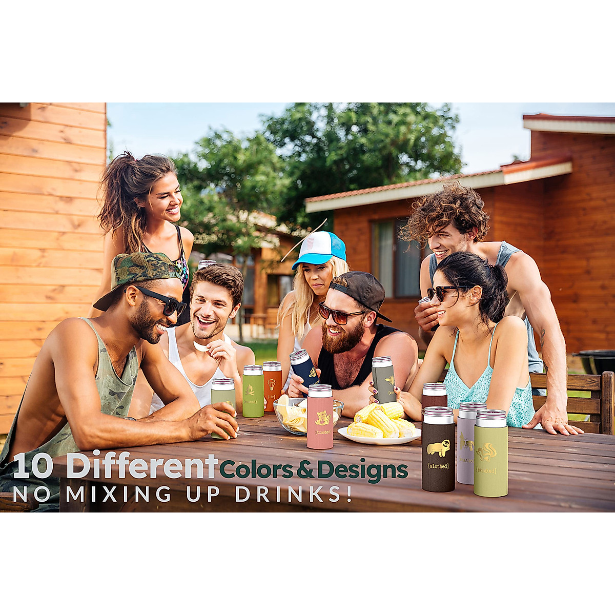 Retro Colored Slim Can Coolers (Set of 10) - Funny Gold Drinking Designs - Girls Trip Gifts Favors - Bachelorette Party - Adult Party Favors