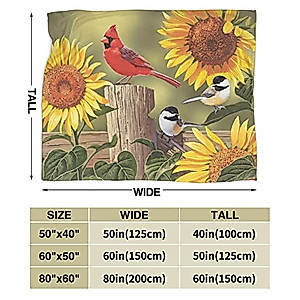 Fiokroo Rustic Sunflowers Floral Cardinal Birds Fleece Blanket Lightweight Cozy Ultra-Soft Throw Blanket Microfiber Blankets All Seasons for Home Bedroom Couch Sofa Travel 50x60 Inch