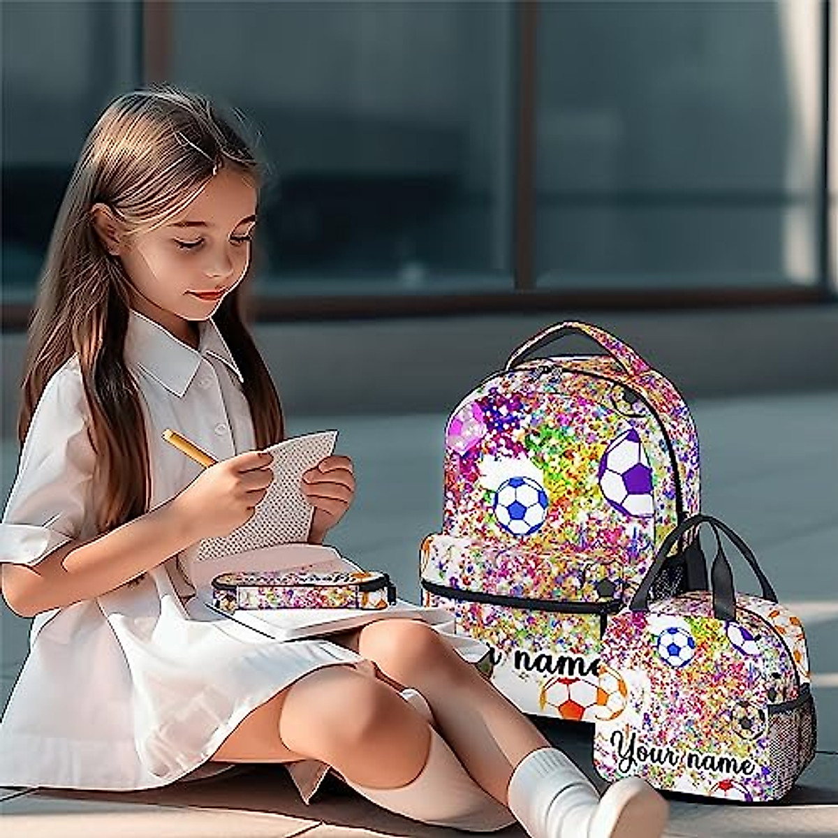 COOPASIA Personalized Soccer Backpack with Lunch Box And Pencil Case, 16 Inch Soccer Theme Bookbag with Adjustable Straps, Lightweight, Durable, Large Capacity, School Backpack for Girls Boys