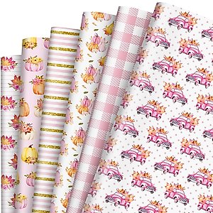 Whaline 12 Sheet Fall Wrapping Paper -Not Roll- Pink Truck Pumpkin Plaid Maple Leaf Gift Wrap Paper Bulk Autumn Harvest Art Paper for DIY Crafts, 19.7 x 27.6 Inch, Folded Flat
