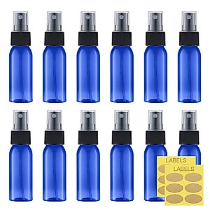 LISAPACK 1oz Small Plastic Blue Spray Bottle (12 Pack) Empty Mini Fine Mist Travel Size Atomizer, Tiny Sprayer for Little Perfume, Water, Cologne, Alcohol, Samples (Cobalt Blue, 30ml)