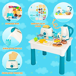 deAO Kids Kitchen Toy Accessories,Play Food Sets for Kids,Kitchen Desk with 33PCS Kitchen Toys,Cutting Food,Water Bottle Toy,Toaster Toy,Pots and Pans