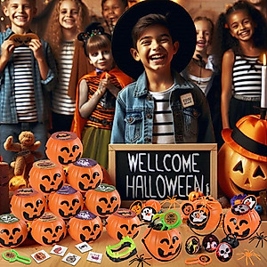 ATFUNSHOP 240PCS Halloween Party Favors 30Packs Prefilled Small Pumpkins With Assorted Halloween Toys In Bulk Trick or Treat Miniatures for Classroom Students Exchange Halloween Carnival Prizes