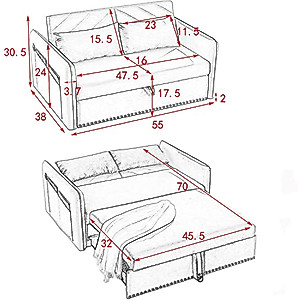 FULife 3-in-1 Convertible Sofa Pull-Out Sleeper,Adjustable Loveseat Futon Sofá Chair w/USB Charging Port,Reclining Backrests,Side Pockets&Pillows,Small Velvet 2 Seaters Lounge Couch, Gray Nailed Decor