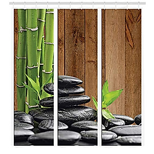 Ambesonne Art Decor Collection, Spa Zen Basalt Stones and Bamboo Trees Picture Print, Polyester Fabric Bathroom Shower Curtain Set with Hooks, Green/Dark Gray/Brown