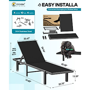 Aluminum Chaise Lounge Chair Outdoor with Wheels, Patio Lounge Chair with Adjustable 5-Position Recliner and Full Flat Tanning Chair for Patio, Beach, Pool, Black
