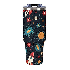 Cartoon Rockets 40 Oz Car Cup Stainless Steel Travel Mug Leak-Proof Insulated Tumbler with Handle Light Rose Red-style