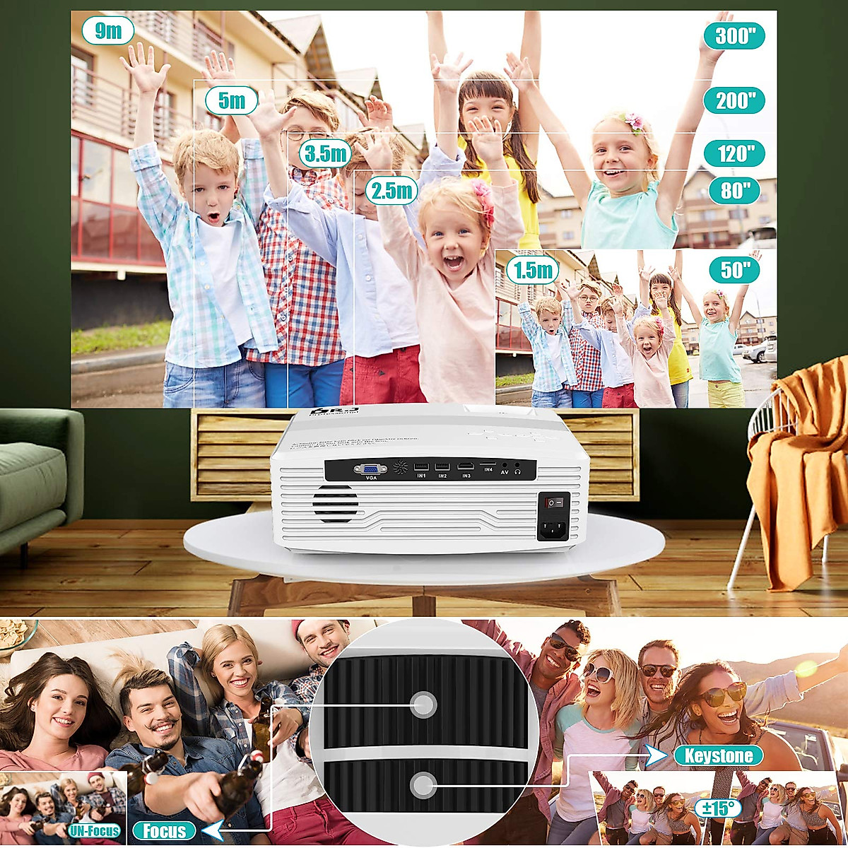 DR.J Professional Native 1080P 5G WiFi Projector, 9500 Lumens 300” Display Outdoor Projector, 350 ANSI, 4K Supported, Home Projector for iOS/Android/TV Stick