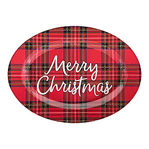 C.R. Gibson QSTM-24059 Red Plaid Reusable Melamine Plate Christmas Platter for Cookies, Dinners, and Parties, 14" x 10"
