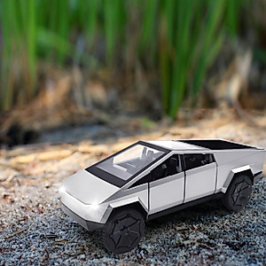 Cybertruck Model: 1/32 Diecast Metal Toy Trucks with Lights and Sounds, Mini Vehicles Toys for Boys, Ages 3 and Up (Silver)