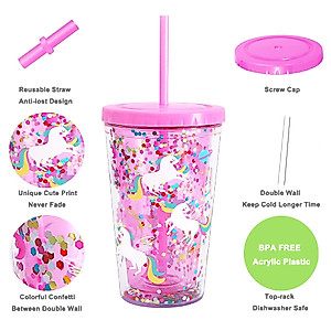 Cute Tumbler with Lid and Straw Double Wall Insulated Acrylic Cup for Girls Women Kids, 18oz/550ml (Unicorn)