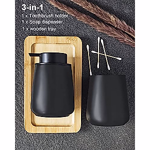 Black Soap Dispenser and Toothbrush Holder Set of 2, 12oz Ceramic Hand Soap Dispenser and Toothbrush Cup Holders for Farmhouse Bathroom Decor with Wooden Tray