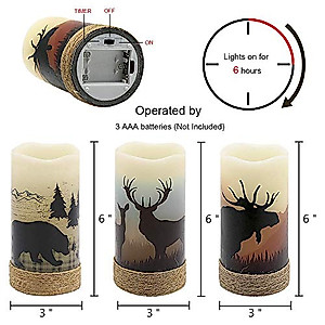 GenSwin Flameless Flickering Led Candles with Hemp Rope and 6H Timer, Battery Operated Set of 3 Real Wax Pillar Rustic Candles Warm Light with Deer, Moose, Bear Decals Decor Christmas Home(D3 x H6)