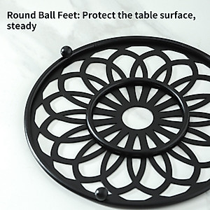 TEAKISS 2 Pack Decorative Round Flower Trivets - 7 Inch Iron Pot Pads, Black Elegant Kitchen and Dining Table Protector, Teapot Stands Holders