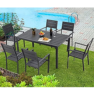 AECOJOY 7 Piece Outdoor Dining Set, Aluminum Patio Table and Chairs Set for 6 with Rectangular Table and Stackable Chairs for Garden, Backyard, Black