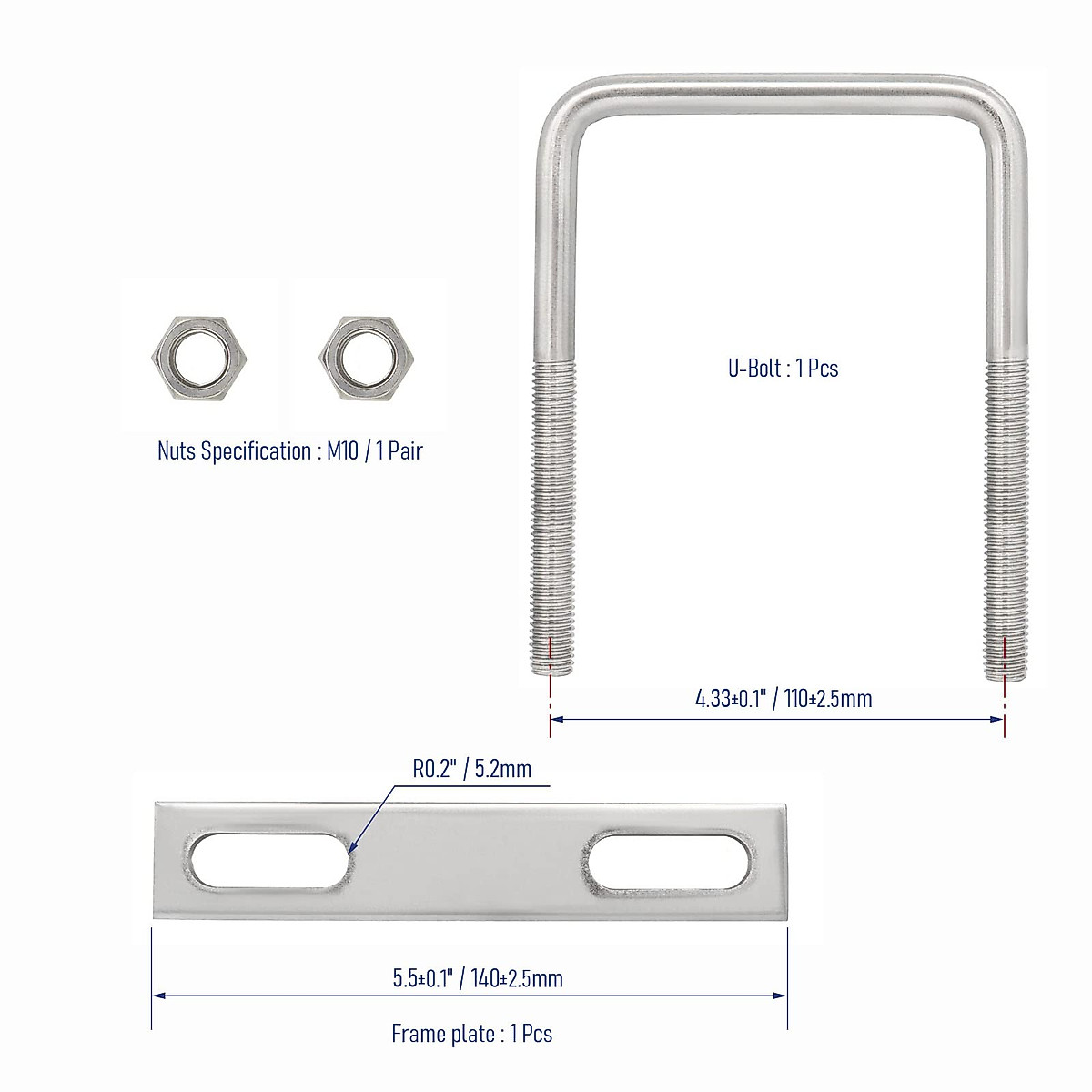 FOCMKEAS 304 Stainless Steel Square U-Bolts Stainless with M10 Nuts, Frame Plate, Accessories for Automobiles Trailer, Boat Trailer Industrial Parts (100x150mm(W*L))