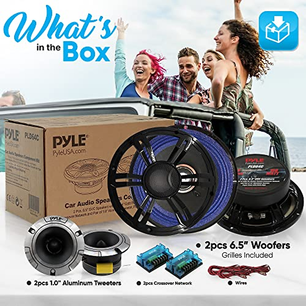 Pyle 6.5" Component Speakers for Car Audio - 2 Pair Kit Includes Pair of Crossover Networks and 1'' Aluminum Tweeters, Paper Cone with Cloth Edge - PLD64C