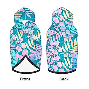 Large Dog Hoodie Turquoise-Blue-Pink-Flowers-Leaves Pet Clothes Sweater with Hat Soft Cat Outfit Coat Small