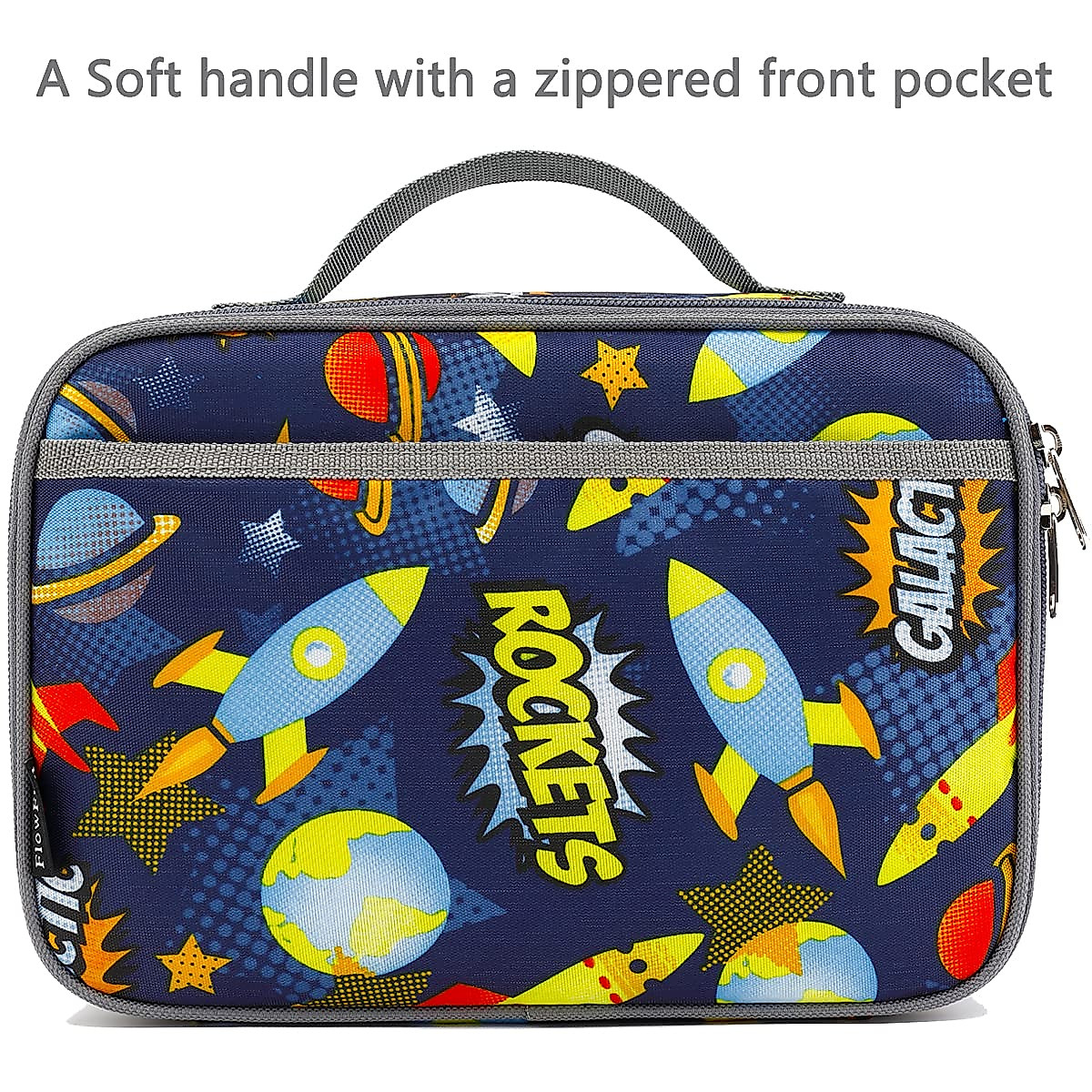 FlowFly Kids Lunch box Insulated Soft Bag Mini Cooler Back to School Thermal Meal Tote Kit for Girls, Boys, Outer Space Rocket Ships in Dark Navy Blue