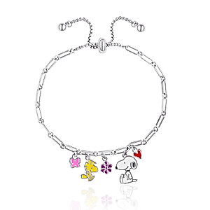 PEANUTS Womens Adjustable Lariat Charm Bracelet - Silver Plated Enamel Charm Bracelet with Snoopy - Official License