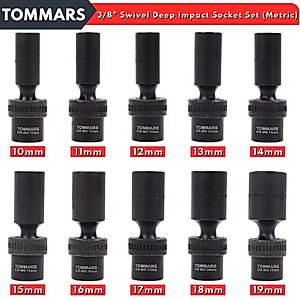 TOMMARS Swivel Socket Set, 3/8" Drive Deep Impact Swivel Socket Set, Wobble Socket Set Metric 10mm-19mm, CR-MO, 6 Point