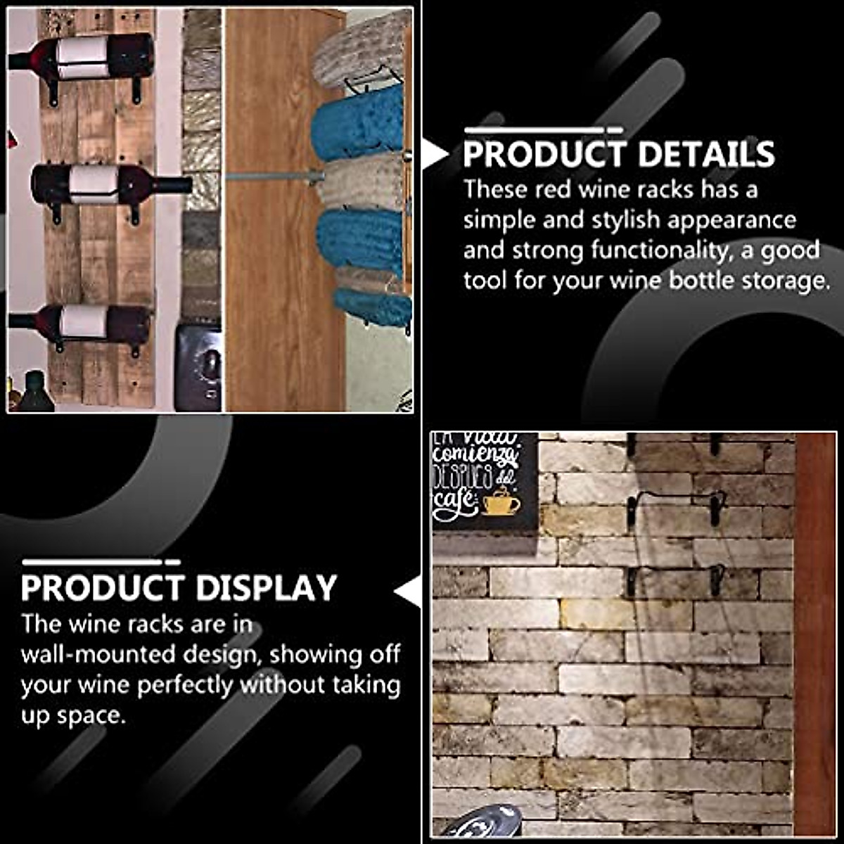 DOITOOL 6pcs Metal Wine Bottle Holder Rack Wall Hanging Wine Organizer Water Bottle Stand Shelf Bracket Display Black Wine Storage Rack for Home Kitchen 24x10cm