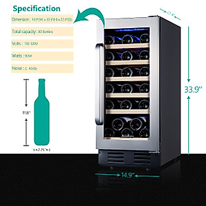 Kalamera 15” Wine Cooler and Fridge |30 Bottle Built-in & Freestanding Single Zone Wine Refrigerator |For Kitchen or Bar with Blue Interior Light |Temperature Memory Function