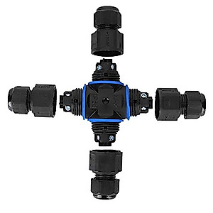 Waterproof IP68 External Junction Box, 4 Ways 4 Pin Cross Outdoor Connector, 16-20 AWG Gauge Wire/ Max 9mm Cable Distribution Terminal Box - 13A/250V