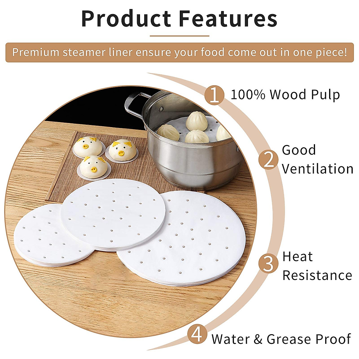 CONIE 12 Inch Steamer Paper Liners, Perforated Parchment Paper for Air Fryer Steaming Basket 100cts