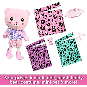Barbie Chelsea Cutie Reveal Small Doll & Accessories, Brunette with Teddy Bear Costume, 6 Surprises (Styles May Vary)