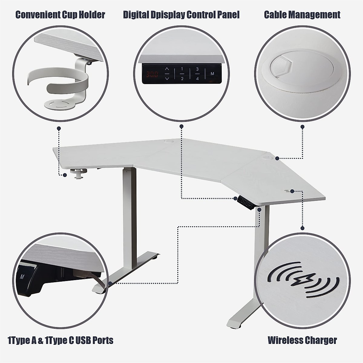kowo L Shaped Height Adjustable Electric Standing Desk with USB C Hub & Wireless Charger, Sit Stand Corner Desk, Memory Settings, Stand Up Computer Desk Adjustable Table, White