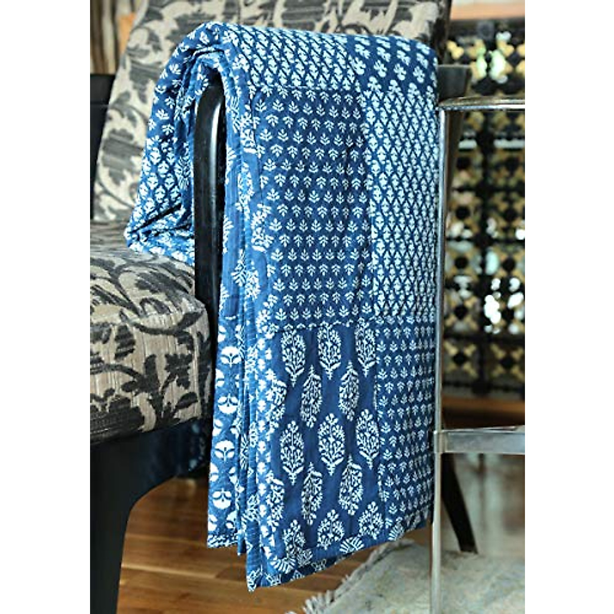 Quilted Blue Patchwork Cotton Throw Blanket Indian Decorative Super Soft Warm Blanket for Sofa Couch 50 x 60 Inches