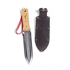 Nisaku NJP651 Hori Weeding & Digging Knife-Hardened HRC58 Edition, Authentic Tomita (Est. 1960) Japanese Stainless Steel, 7.25" Blade, Wood Handle, w/Premium Leather Sheath