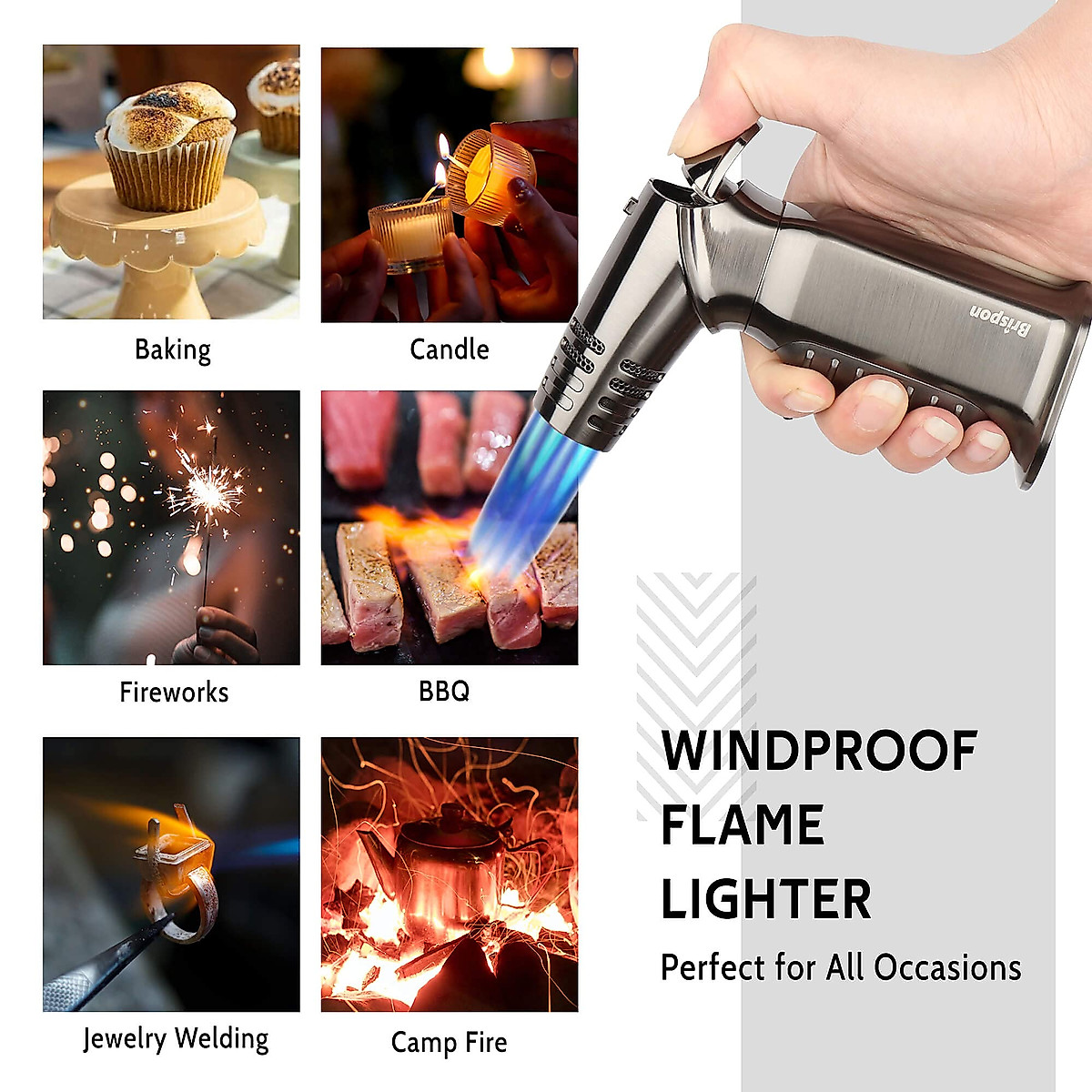 BRISPON Torch Lighter, Quad 4 Jet Flame Windproof Butane Lighter with Safety Lock Adjustable Refillable Lighter for Kitchen Grill BBQ Candle Camping (Butane NOT Included) (Gunmetal)