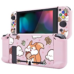 eXtremeRate PlayVital Back Cover for Nintendo Switch Console, Separable Protector Hard Shell for Joycon, Dockable Protective Case with Colorful ABXY Direction Button Caps - Squirrel with Acorn
