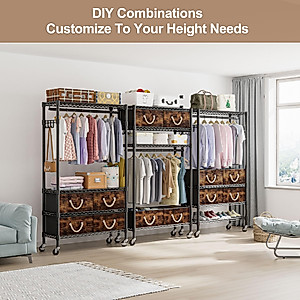 Maiproo Clothes Rack with Drawers Rolling Heavy Duty Clothing Racks for Hanging Clothes Garment Rack with 4 Fabric Drawers Adjustable with Double Side Hooks Wardrobe Closet Portable Storage Black