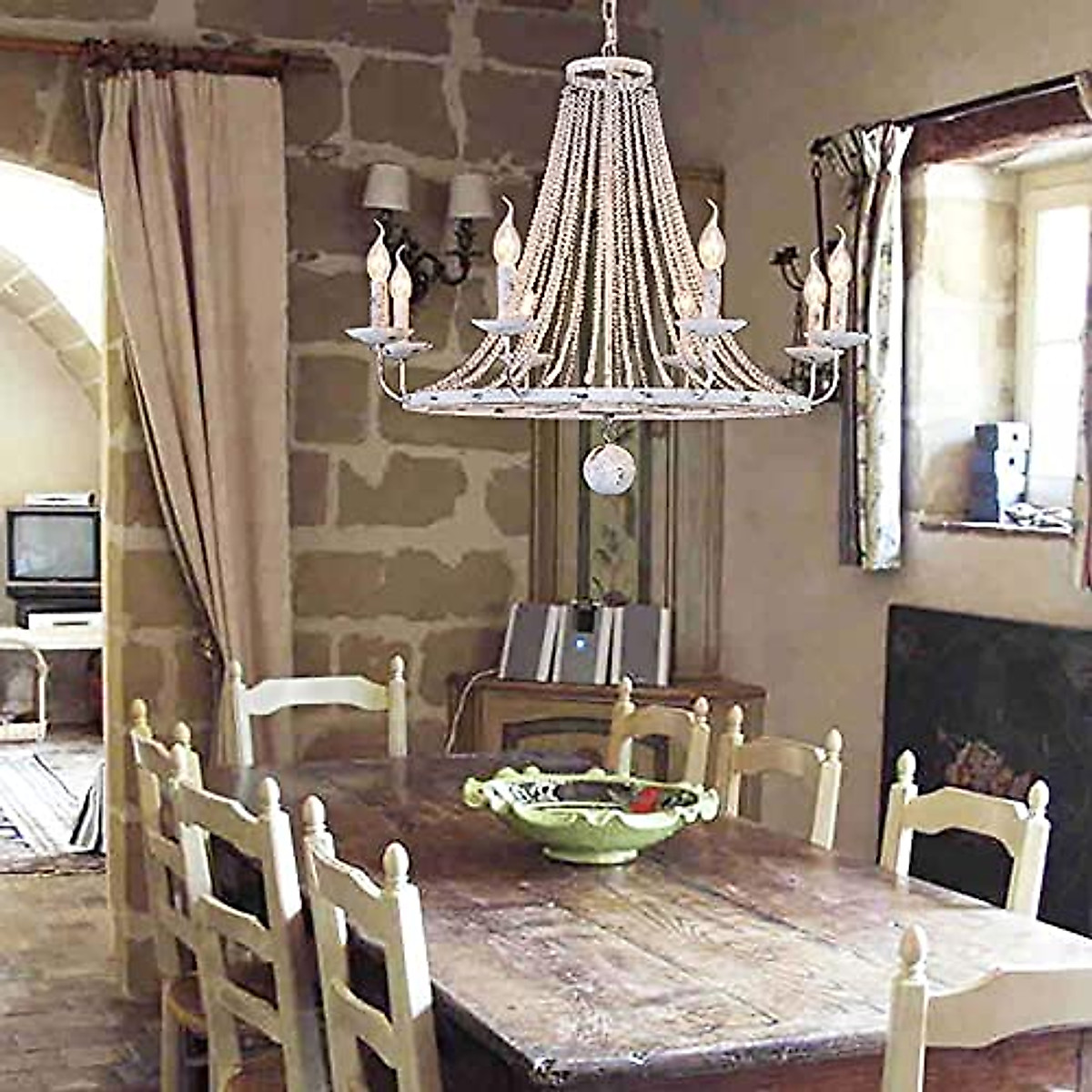 TPMAFF Vintage Chandelier Boho Style Wagon Wheel Chandelier, Shabby Chic Antique White Chandelier, Crystal Hanging Beads and Spa