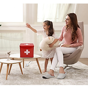 Xbopetda First Aid Kit, First Aid Medicine Supplies Bin - 2-Tier Metal Medicine Storage Tin, First Aid Box with Removable Tray for Home Emergency Tool Set-Red