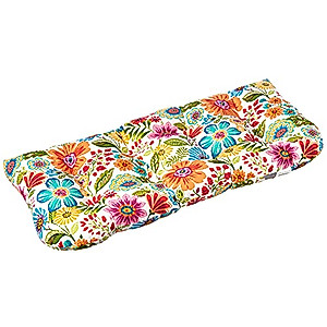 Pillow Perfect Bright Floral Outdoor Wicker Patio Sofa Setee Swing Cushion, Tufted, Weather, and Fade Resistant, Round Corner - 19" x 44", Blue/Purple Gregoire, 1 Count