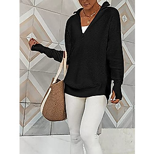 ANRABESS Sweater for Women Oversized Quarter Zip Long Sleeve V Neck Collared Casual Curved Hem Slouchy Ribbed Knit Thumb Hole Pullover Shirt 2023 Fall Winter Trendy Clothes Tops 624heise-M Black