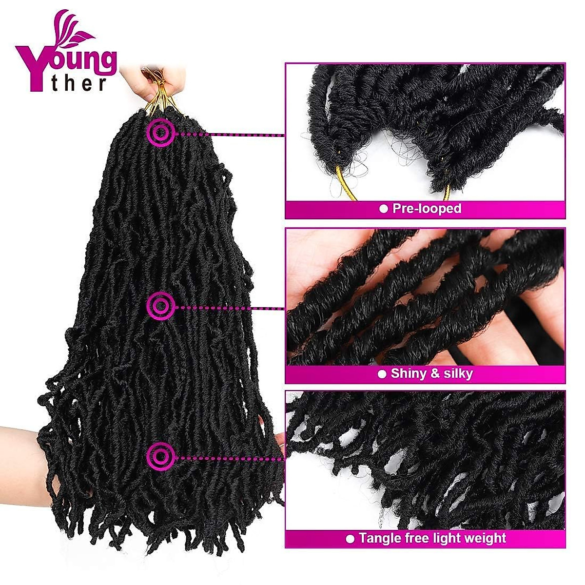 Youngther 24 Inch New Faux Locs Crochet Hair 6Pscks 84 stands Extensible New Goddess Soft Locs Crochet Hair Pre Looped Synthetic Crochet Braiding Hair for Black Women(24inch,6packs,1B)