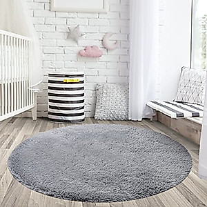 Signature Loom Fluffy Shaggy Area Rug 4 Foot Round – Soft Fuzzy Velvet Rugs for Girls Bedroom – Shaggy Carpet for Kids Room Non-Slip Bottom – Soft Fluffy Throw Rug Indoor Living Room Carpet, Grey