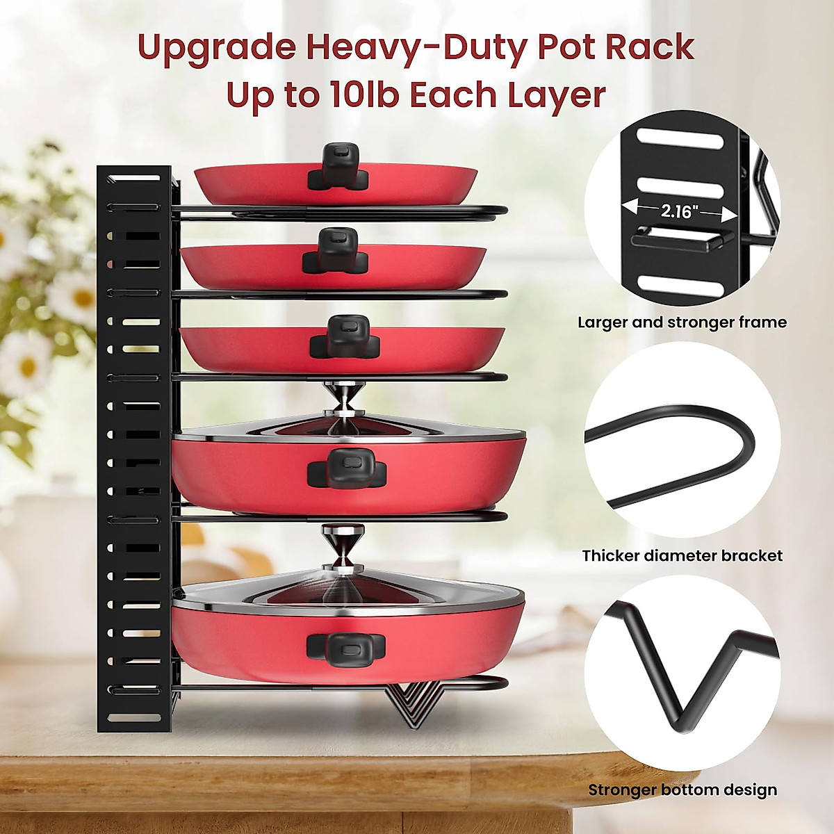 Podxco Pan Organizer Rack for Cabinet Pot Rack with 3 Diy Methods Adjustable Pot and Pan Organizer with 8 Tiers Pot Lid Organizer Holder Metal Heavy Duty Pot Organizer for Kitchen Counter and Cabinet