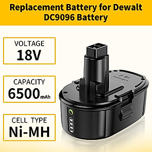 Powilling 2Pack 6.5Ah Lithium-Ion Replacement Battery for Dewalt 18V XRP Ni-Cad Battery DC9096 DC9098 DC9099 DE9039 DE9095 DE9096 DE9098 DW9095 DW9096 DW9098 DE9503 DC9182 Dewalt 18Volt Batteries