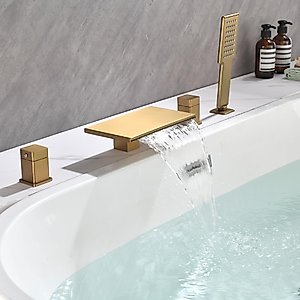 VANFOXLE Waterfall Bathtub Faucet Set with Hand Shower, 9 Inch Brushed Gold Deck Mount Roman Tub Filler Faucet