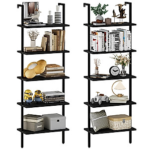 aboxoo Ladder Shelf 2PCS Open Bookshelf 5-Tier Wood Wall-Mounted Black Bookcase Storage Rack Open Industrial Modern Plant Stand Utility Organizer Bookcase Metal Frame Furniture Office Kitchen Bedroom