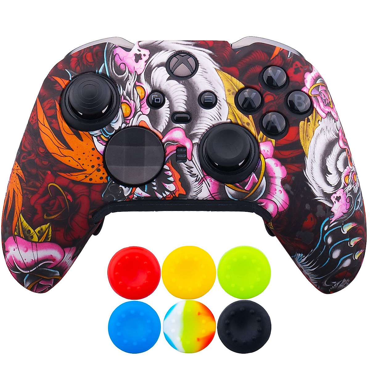 9CDeer 1 x Protective Customize Transfer Print Silicone Cover Skin Red Dragon + 6 Thumb Grips Analog Caps for Xbox Elite Series 2 Controller