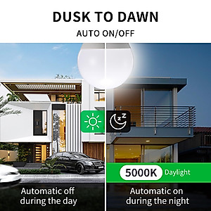 Qualilux A15 Small Dusk to Dawn Light Bulbs Outdoor 450LM, Daylight, 5W=40W, Auto On/Off Non-Dimmable Replacement LED Bulb for String Lights, Porch, Patio, Garden, E26 Base, 4-Pack, HQ-H031