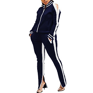 TOPONSKY Matching Lounge Set Warm Up Suits For Women 2 Pieces Sweaters Navy White M