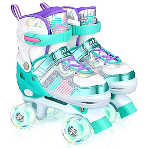 Luyata Roller Skates for Girls Boys Adjustable, 4 Size Ages 6-12 & 3-5, Kids Roller Skates with Light Up 8 Shining Wheels, 3 Color Shining Roller Skates for Toddlers Boys Girls Beginners